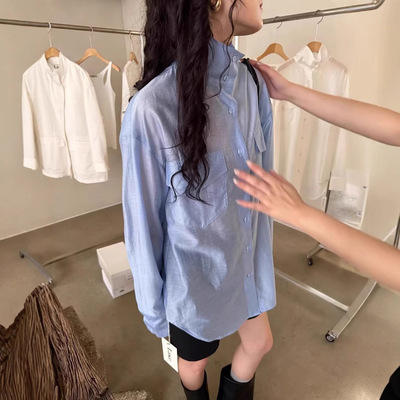 韩国潮牌lakeside光感韩版暗条纹翻领天丝长袖衬衫衬衣女上衣