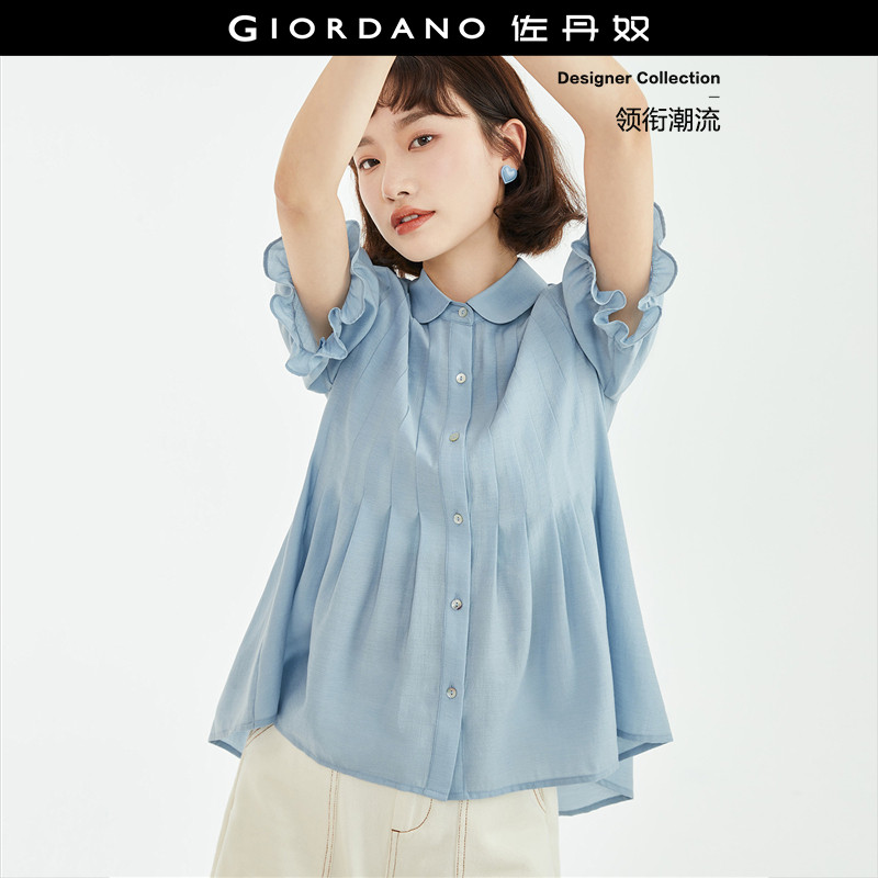 设计师款佐丹奴短袖衬衫女纱感荷叶边遮肚子甜美法式小衫18343606