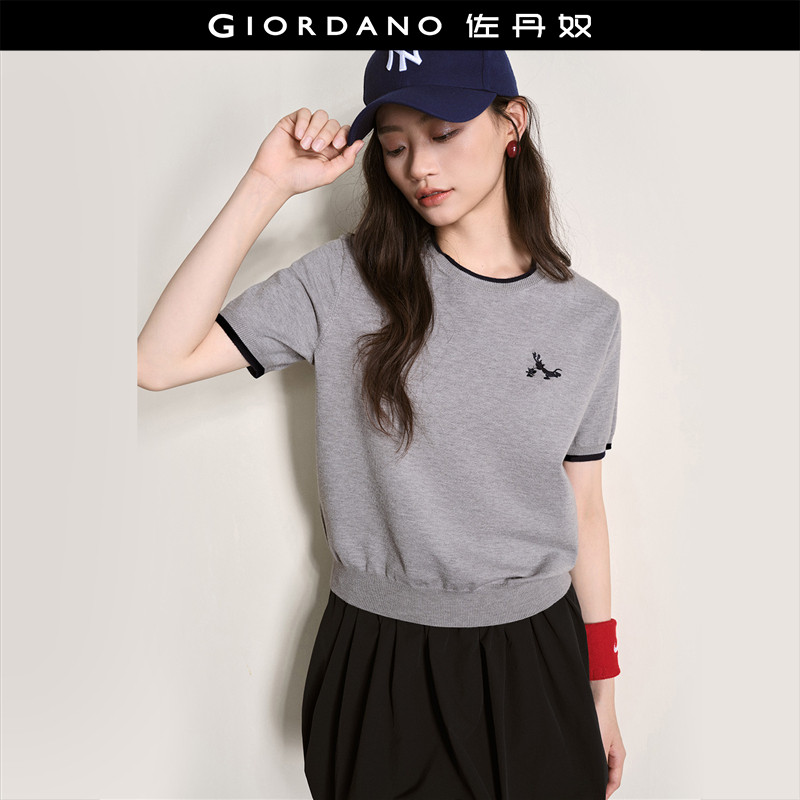 [猫和老鼠联名]佐丹奴针织衫女刺绣宽松撞色圆领短袖上衣18356807