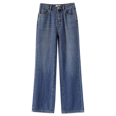 OSA蓝色纯棉高腰直筒牛仔裤