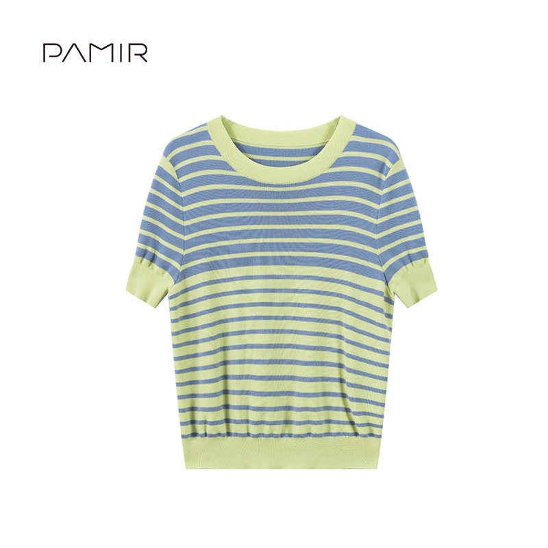 PAMIR春夏新款女圆领精纺羊毛条纹针织衫 HPZ412