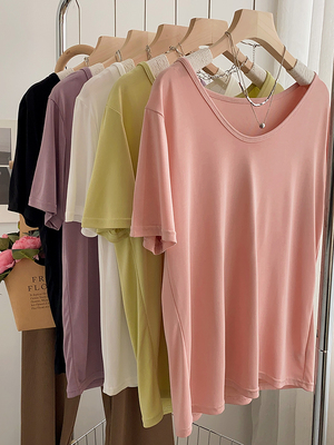 纯欲风纯色铜氨丝U领短袖T恤