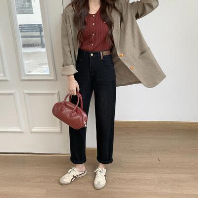 秋季新品显瘦高腰黑色宽松萝卜裤