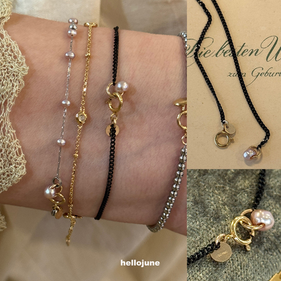 hellojune 天然浅紫小珍珠黑色手链 不褪色黑色细手链