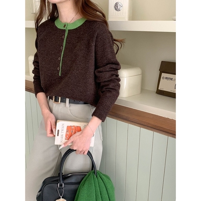 日韩 Morning 不费力时髦 撞色亨利领假两件显瘦针织衫ZY3764