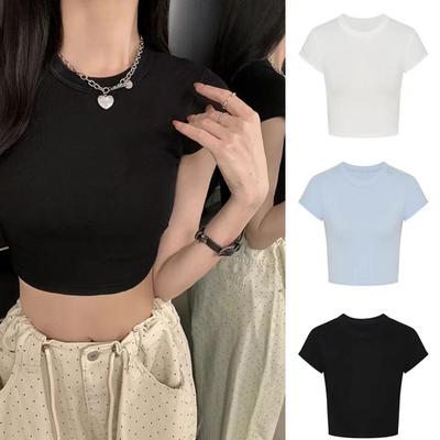 billkong辣妹露脐短袖baby蓝夏季短款露脐t恤女修身正肩辣妹短袖