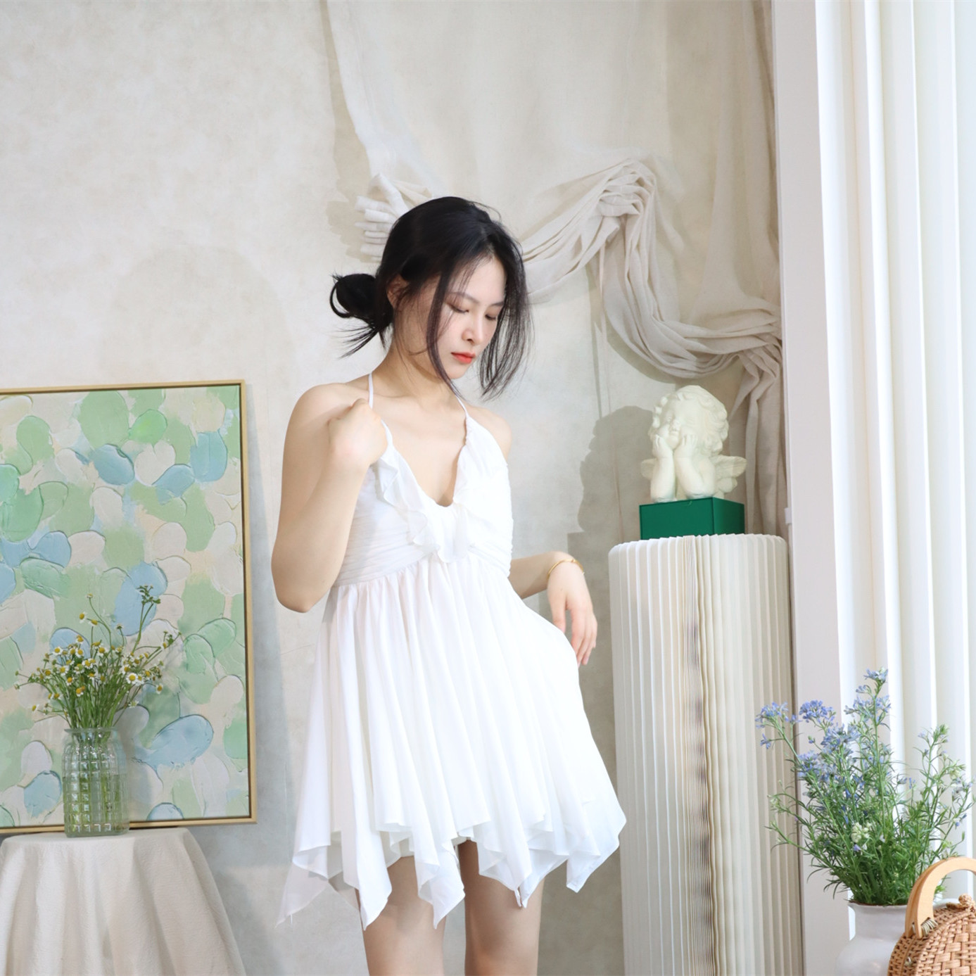 特 美系FP 海边精灵 挂脖系带木耳花边褶皱不规则下摆高腰连衣裙