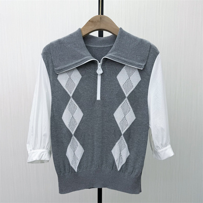 香●2026春季新 假两件时尚针织拼接休闲设计感宽松长袖上衣2608