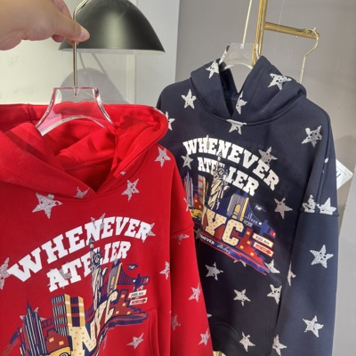 美式复古NYC自由女神星星满印连帽加绒加厚卫衣宽松慵懒风秋冬款