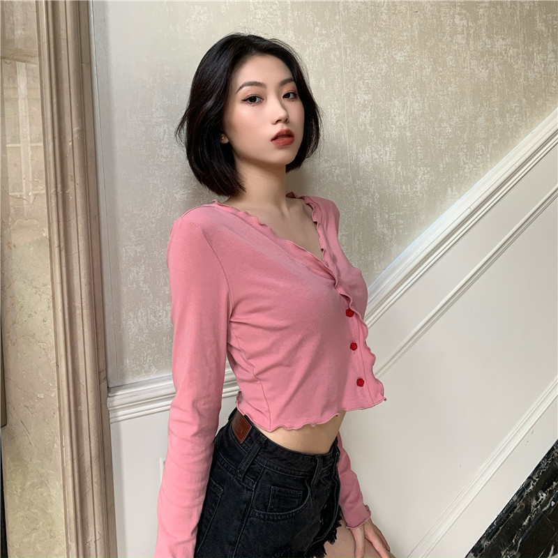 gagaopt新款v领设计感修身打底t恤女开衫复古显瘦短款上衣长袖秋