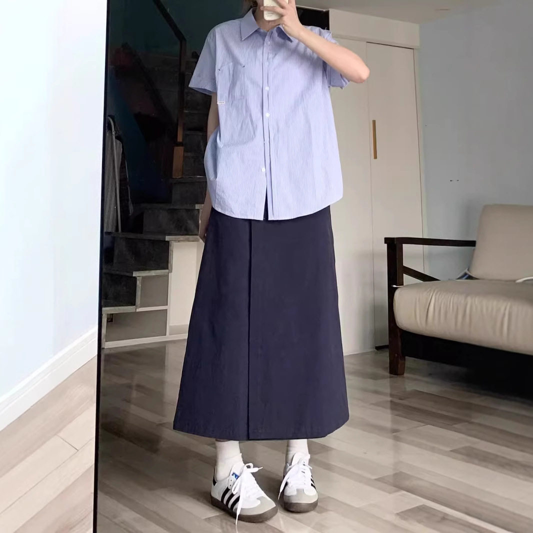 韩系学院风套装女夏新款时尚减龄条纹短袖衬衫半身裙子两件套复古