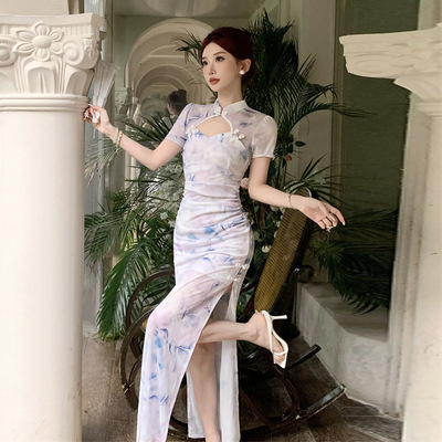 3801跨境外贸女装批发东南亚性感印花旗袍镂空收腰侧开叉连衣裙女