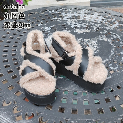 毛毛拖黑色拖鞋松糕鞋增高厚底女鞋交叉带