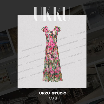 96【UKKU STUDIO】【芳华】气质长款时尚遮显瘦碎花连衣裙914237