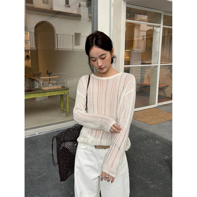 THXGIVING周末漫弛 休闲百搭圆领套头透肤镂空针织毛衣女2026春款