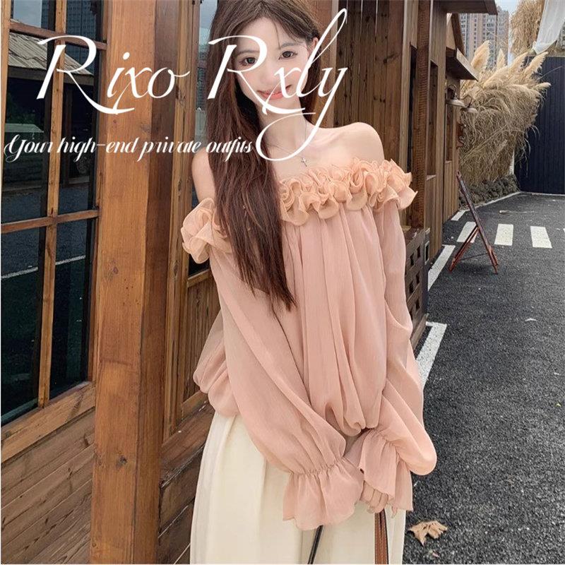 RIXO RXLY粉色一字肩雪纺衬衫女春秋季小众设计感甜美慵懒风上衣