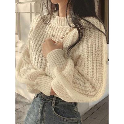 L 42882 Pink Puff Sleeve Soft Sweater 粉色泡泡袖毛衣跨境
