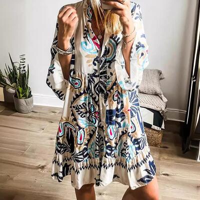 Womens Casual V Neck Tribal Bracelet Sleeve Buttoned Dress