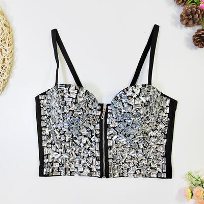 Nail bead shiny diamond fishbone corset, strapless zipper