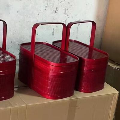 6BUJ竹篮手提篮竹编带盖古典双层野餐篮拜佛拜神祭祖香篮红色收纳