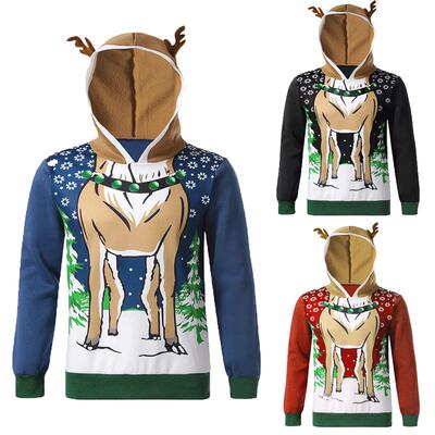Men's coat hooded deer horn printed color blocked