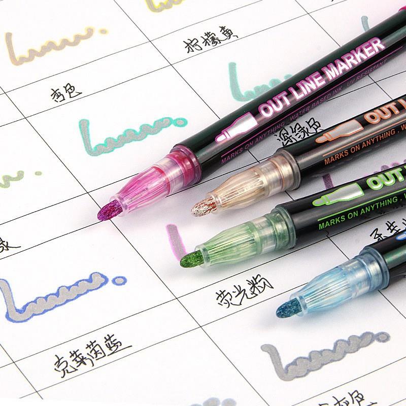 跨境亚马逊梦幻双线笔彩色手账笔金属笔轮廓笔手绘36色荧光标记笔