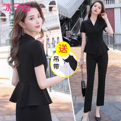 职业套装女两件套洋气时尚2026夏黑色雪纺短袖西装正装工作服套裙