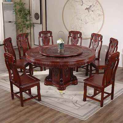 102501?中组全实木餐桌椅合雕圆形带转盘10人橡木大圆餐桌花家式