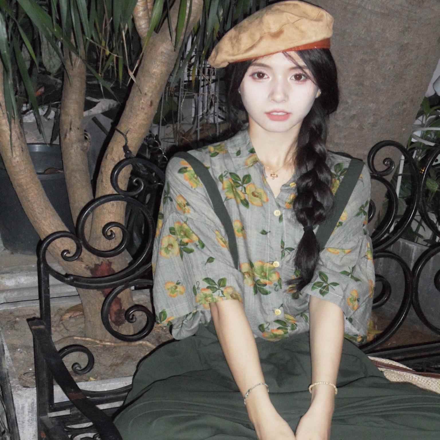 代购sly春夏季新款休闲 覆古薄款短袖碎花衬衫外套上衣女抱婴袋裤