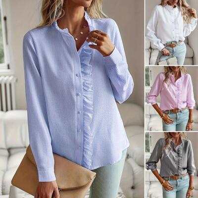 Women Ruffled Collar Striped Button Shirt Rolled Sleeves