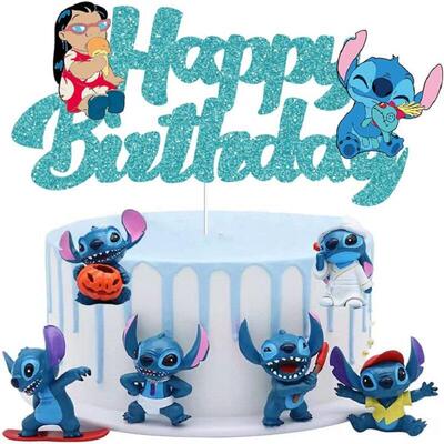 Lilo & Stitch Blue Glitter Cake Topper ?Happy Birthday Decor