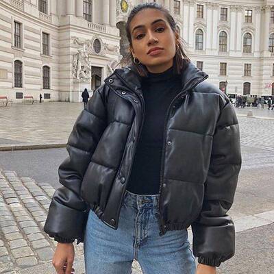 High Level Women'S Faux Leather Cropped Puffer Jacket -