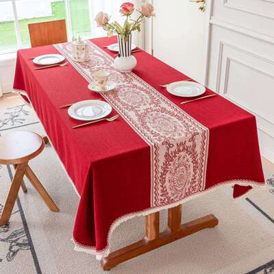 结婚布置喜庆长台茶几桌布艺术装饰加厚棉麻流苏提花复古盖巾