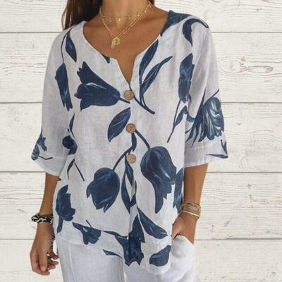 Printed cotton and linen collar short sleeved pullover
