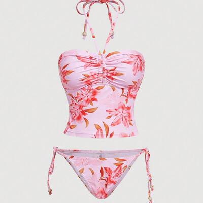 Women ' s Floral Print Tankini Two - Piece Swimsuit Set ,