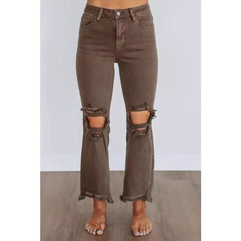 Rudy Risen Cropped Bottom Jeans Brown Button Closure