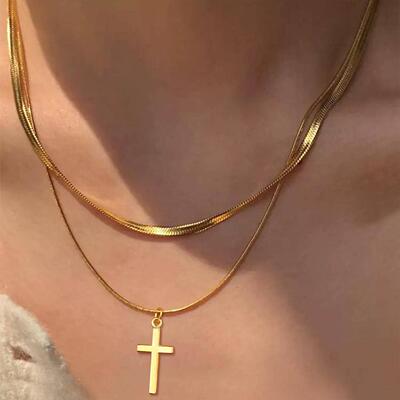 Gold cross necklace蛇骨炼长版多层叠戴项炼金色十字吊坠锁骨炼