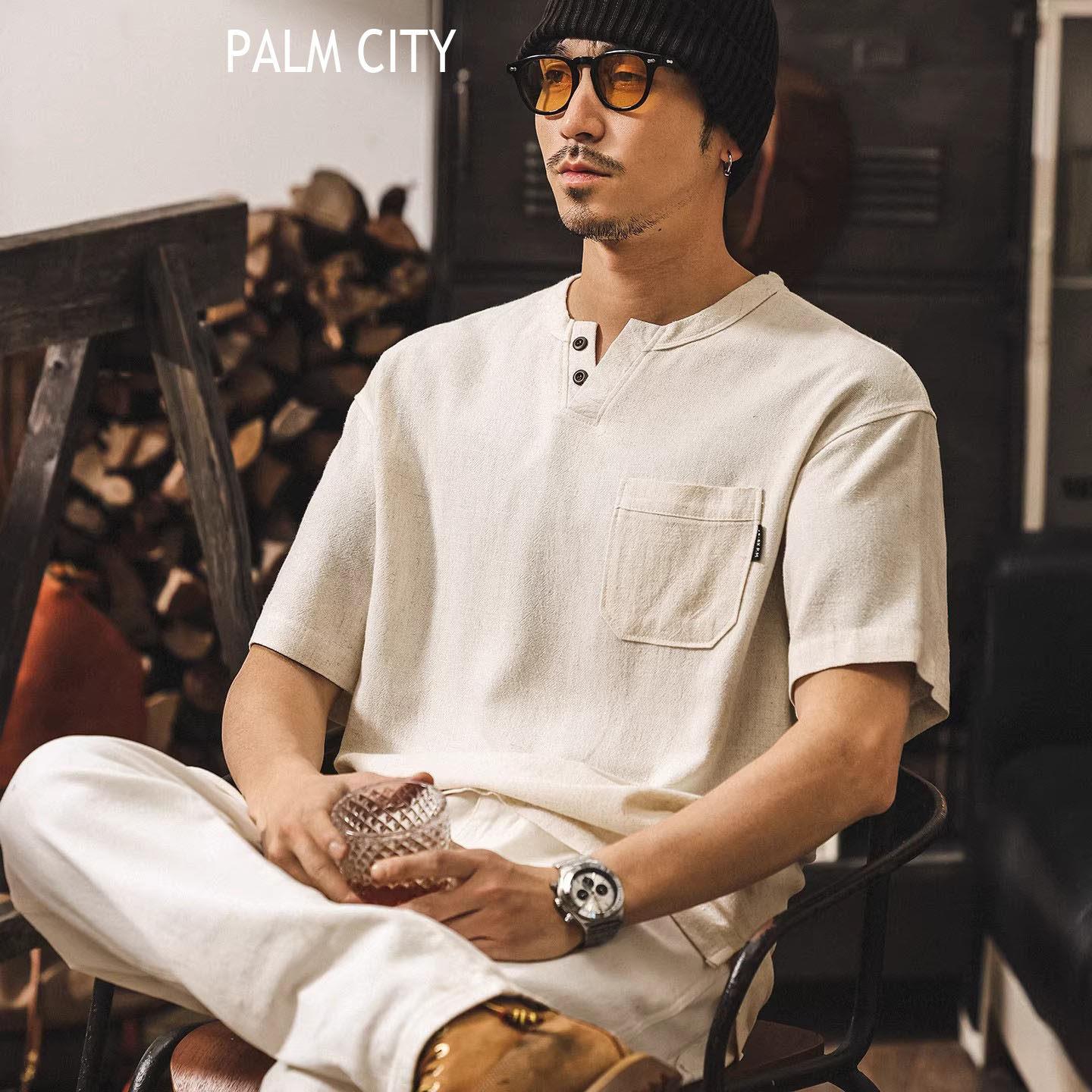 palm city美式复古老钱风亚麻亨利领短袖男款t恤夏季潮牌Polo衫男