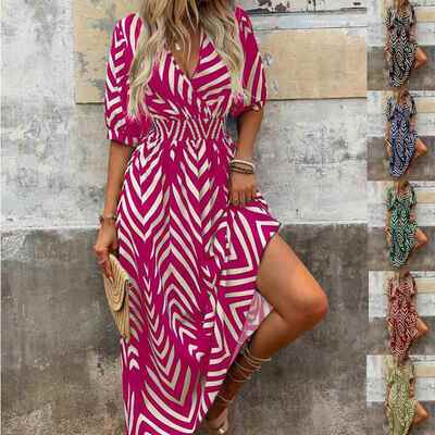 Women Bohemian Boho Floral Print Midi Dress V Neck Sleeve