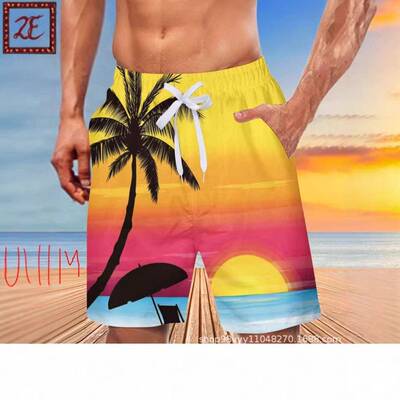 Men Gradient Coconut Print Casual Shorts Summer Beachwear
