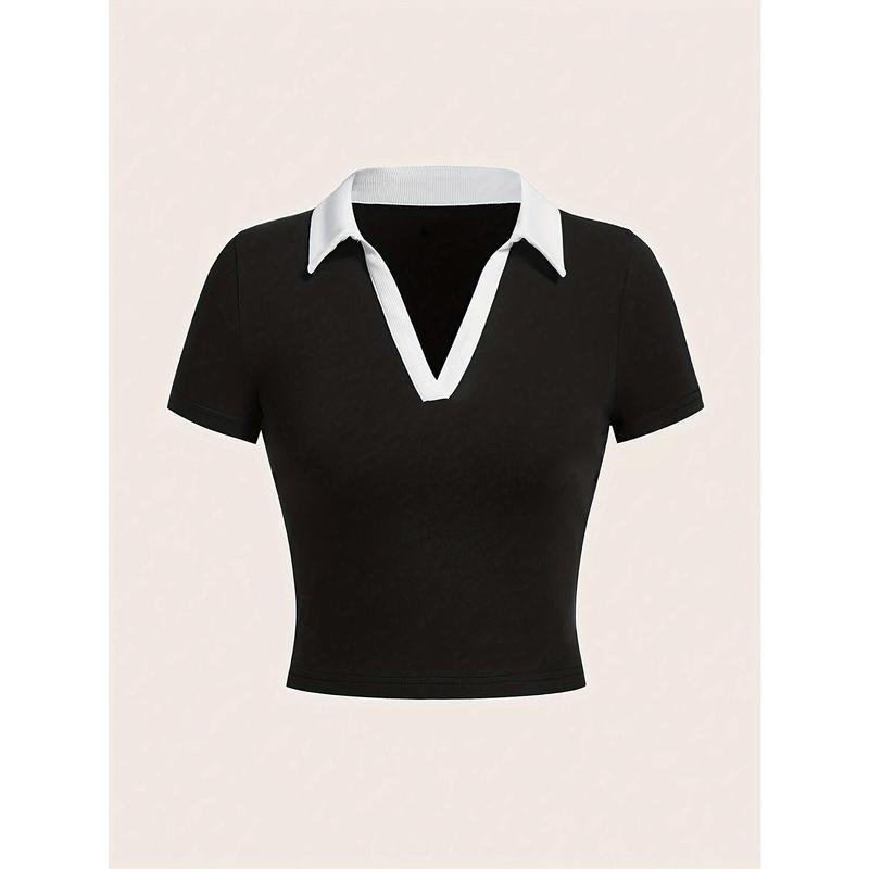 T 23394 Y2K color block polo crop tee Y2K 撞色 Polo 领收腰短