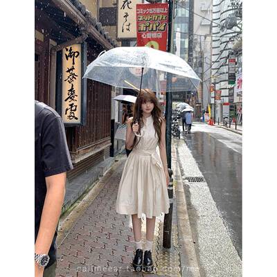CallmeEar//【京都贵女】莱赛尔天丝立领背心裙蝴蝶结系带洋装