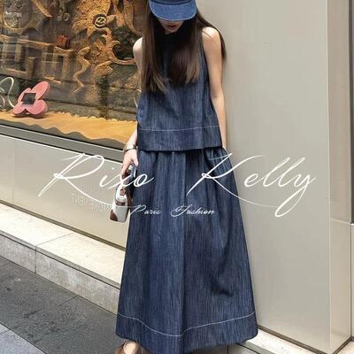 RIXO STREET夏季韩系穿搭洋气减龄休闲蓝色牛仔上衣半身裙套装女