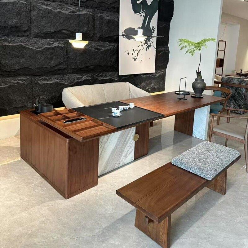 新中式实木茶桌椅组合2025新款高端现代简约岩板茶台北美黑胡桃木