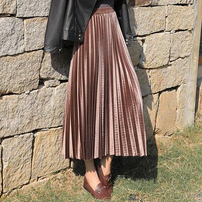 Velvet pleated skirt for female students, high waisted