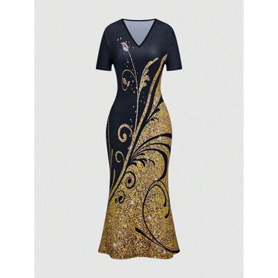 C 12631 V-neck print waist tie midi dress V领印花束腰过膝裙