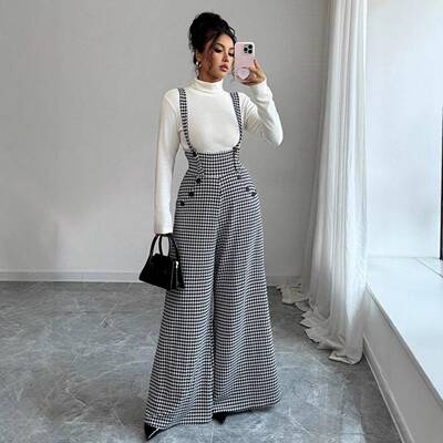 Womens Knitted Plaid Print Houndstooth Wide Leg Pants Front