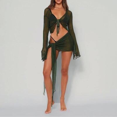 Womens 2 Piece See Through Mesh Beach Swimsuit ver Up Set Sh
