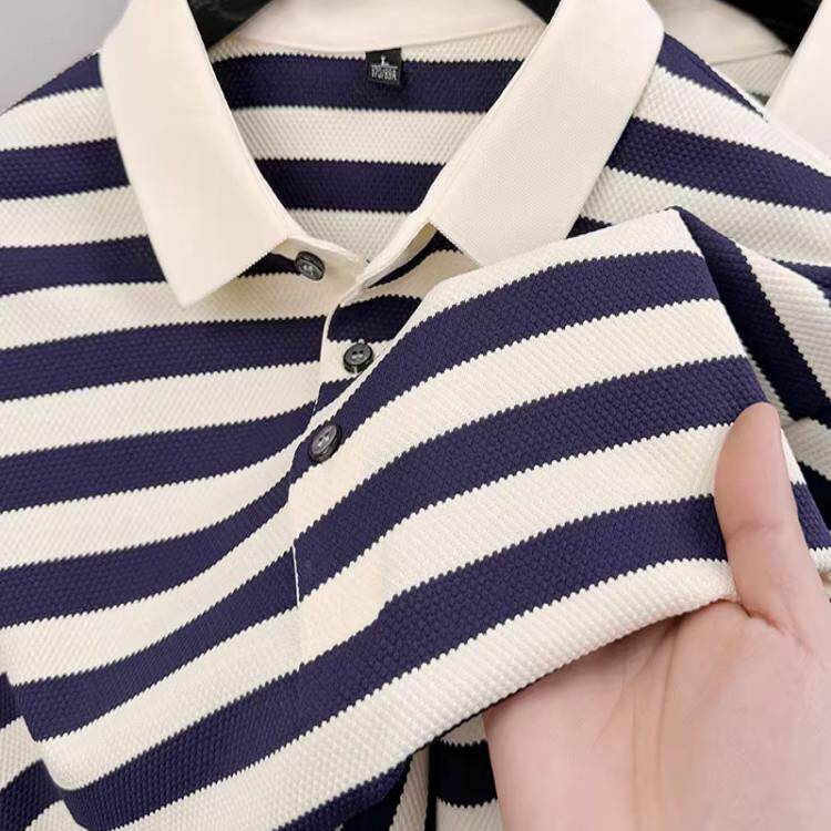 MAROLIO轻奢纯棉条纹长袖polo衫男秋美式休闲帅气翻领打底衫上衣