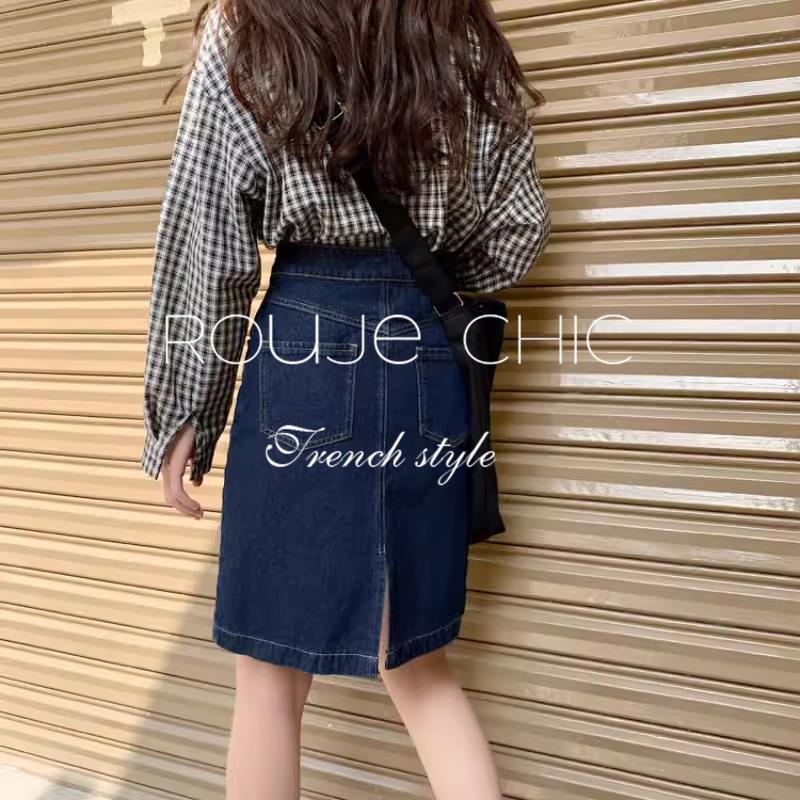 法国Rouje Chic法式复古风高腰包臀牛仔半身裙女春季设计感短款裙